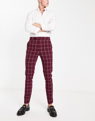 ASOS DESIGN skinny smart pants in burgundy window pane plaid | ASOS