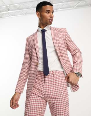 ASOS DESIGN skinny suit jacket in linen mix in gingham in pink | ASOS