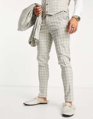 ASOS DESIGN skinny suit pants in beige and navy highlight grid check | ASOS