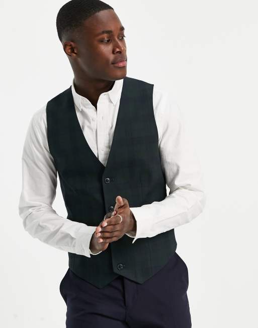 ASOS DESIGN skinny suit waistcoat in tonal green and navy check | ASOS