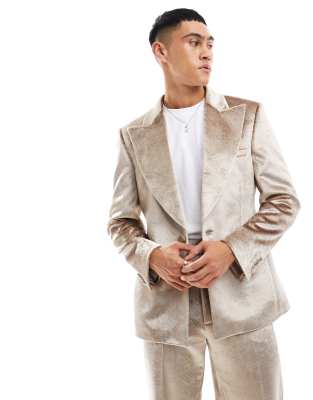 ASOS DESIGN skinny wide lapel suit jacket in embossed gold velvet | ASOS