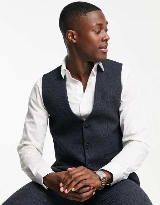 ASOS DESIGN skinny wool mix suit waistcoat in navy twill | ASOS