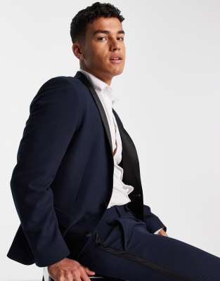 ASOS DESIGN skinny wool tuxedo jacket in navy with black lapels | ASOS