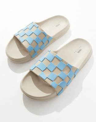 ASOS DESIGN slides in stone with blue checkerboard | ASOS