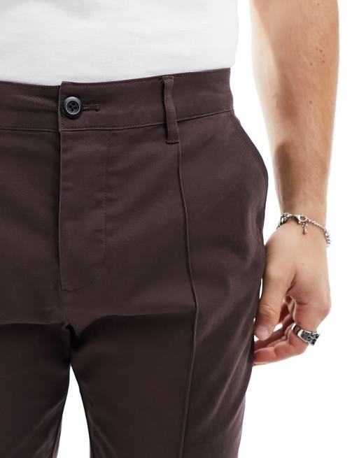 ASOS DESIGN slim chinos with pin tucks in brown | ASOS