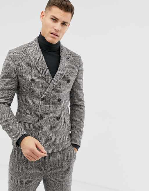 Asos Design Slim Crop Double Breasted Suit Jacket In Camel Check Asos