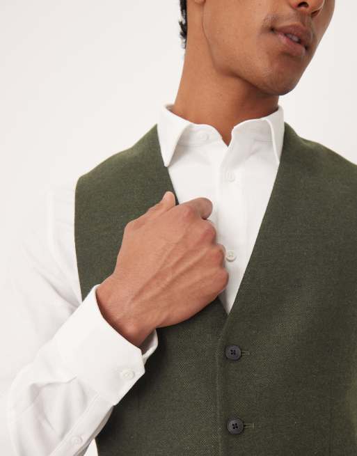 ASOS DESIGN slim herringbone suit vest with wool in dark green | ASOS