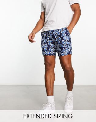 ASOS DESIGN slim linen shorts in mid length in blue floral | ASOS