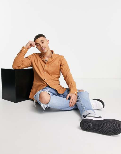 ASOS DESIGN slim oxford shirt in tan | ASOS