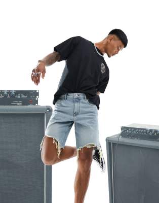 ASOS DESIGN slim regular length denim shorts with rip hem in light wash ...