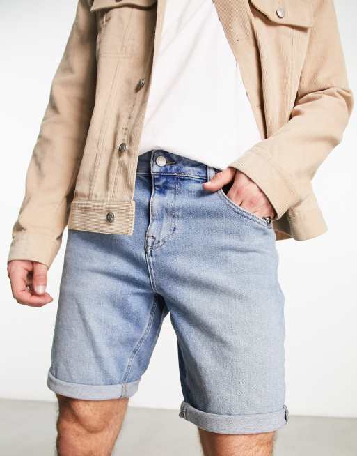 ASOS DESIGN slim stretch mid length denim shorts in mid wash blue | ASOS