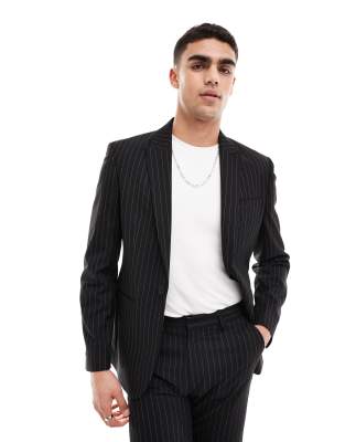 Asos Design Slim Suit Jacket In Black Pinstripe | ModeSens