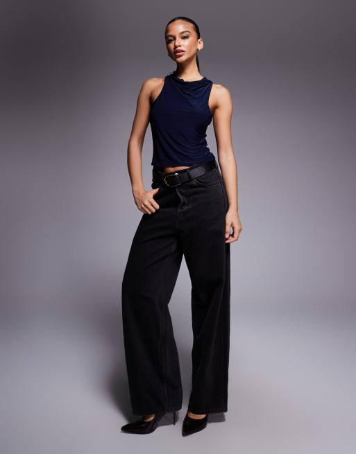 ASOS DESIGN slinky cowl neck tank top in navy | ASOS