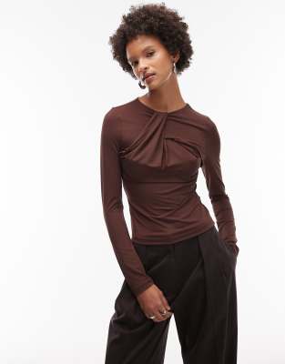 ASOS DESIGN slinky cut out twist detail long sleeve top in chocolate | ASOS