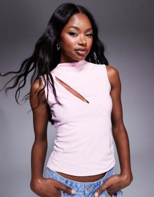 ASOS DESIGN slinky slash cut out top in pastel pink | ASOS