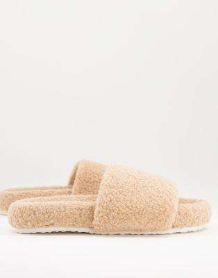 ASOS DESIGN slippers in natural borg | ASOS