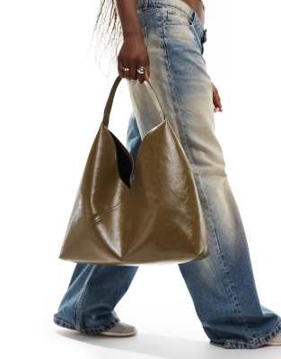 ASOS DESIGN slouch tote bag with crossover panel detail in khaki | ASOS