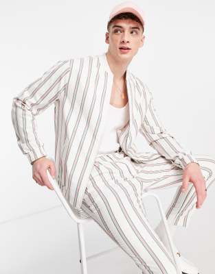 ASOS DESIGN smart bomber jacket with retro pink stripe in white - part of a set | ASOS