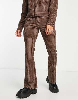 ASOS DESIGN smart flare pants in brown geo check - part of a set | ASOS