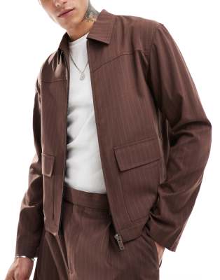 ASOS DESIGN smart pinstripe boxy suit jacket in brown - part of a set | ASOS