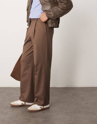 ASOS DESIGN smart premium wide leg pants with double pleats in brown | ASOS