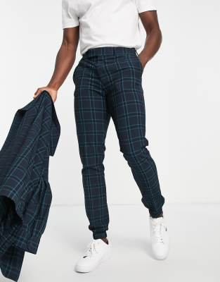 ASOS DESIGN smart skinny crepe check pants with jogger cuff in navy - part of a set | ASOS