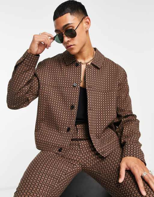 ASOS DESIGN smart trucker jacket in brown geo plaid - part of a set | ASOS