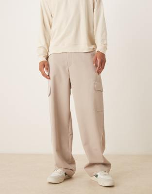 ASOS DESIGN smart wide leg cargo pants in stone with elasticated waist | ASOS
