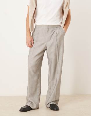 ASOS DESIGN smart wide leg trousers with front pleat and elasticated waistband in light grey ...