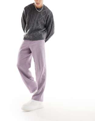 ASOS DESIGN smart wide leg wool mix pants in purple herringbone | ASOS
