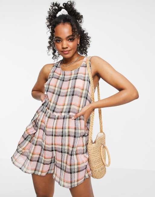 Asos Design Smock Sleeveless Textured Playsuit With Pockets In Multi