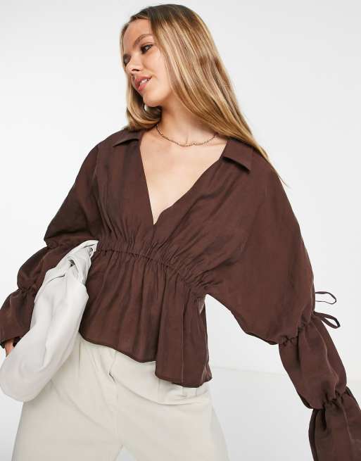 Asos Design Soft Blouse With Volume Tie Sleeve In Chocolate Asos