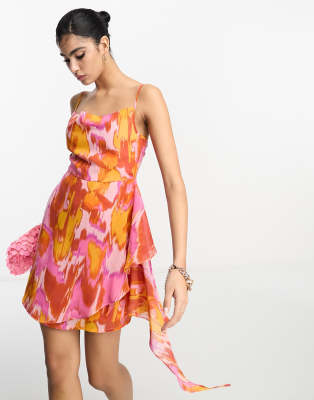 ASOS DESIGN soft cowl mini sundress with asymmetric hem in pink tie dye ...