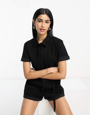 ASOS DESIGN soft denim romper in washed black | ASOS