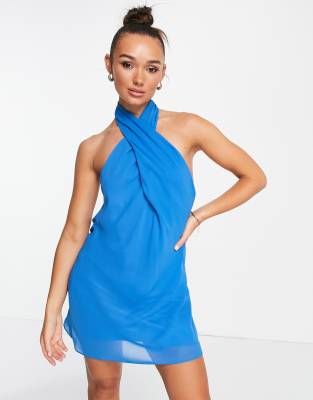 ASOS DESIGN soft halter mini dress with open back in blue | ASOS