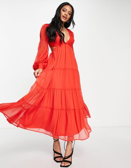 Asos Design Soft Pleated Bodice Midi Dress With Tiered Skirt And Lace