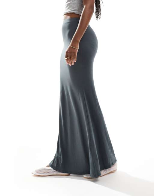 ASOS DESIGN soft slinky fishtail maxi skirt in charcoal in slate gray ...
