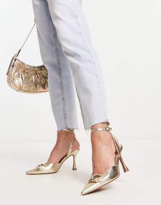 ASOS DESIGN Sommers chain detail mid heeled shoes in gold | ASOS