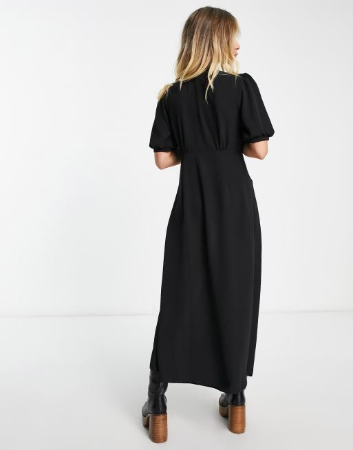 Asos Design Sort Midikjole Med Bindebånd Og Knapper Asos