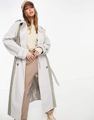 ASOS DESIGN spliced check trench coat in stone | ASOS
