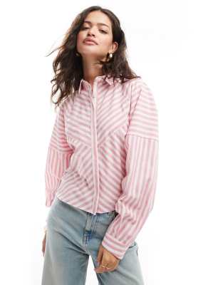 ASOS DESIGN spliced detail volume shoulder shirt in pink stripe | ASOS