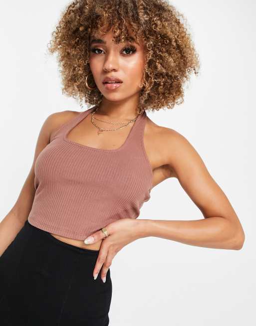 ASOS DESIGN square halter neck crop top in mink | ASOS