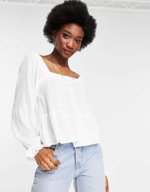 ASOS DESIGN square neck crinkle smock top in ivory | ASOS