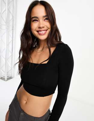 ASOS DESIGN square neck crop top with seam detail in black | ASOS