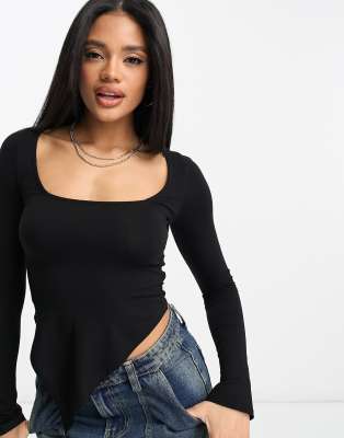 ASOS DESIGN square neck long sleeve top with scarf hem in black | ASOS