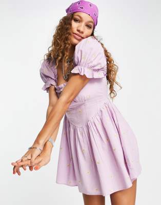 ASOS DESIGN square neck mini tea dress with all over embroidery in lilac | ASOS