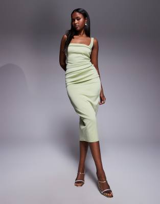 ASOS DESIGN square neck ruched midi dress with neckline detail in sage ...