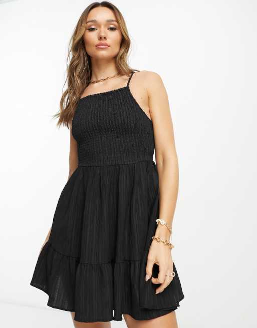 ASOS DESIGN square neck shirred mini sundress in black | ASOS