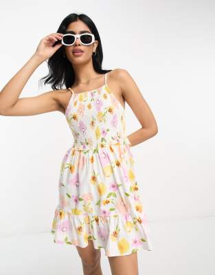 ASOS DESIGN square neck shirred mini sundress in floral fruit print | ASOS