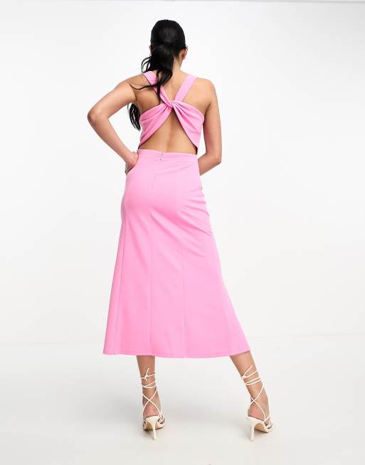 Asos Design Square Neck Twist Back A Line Midi Dress In Pink Asos
